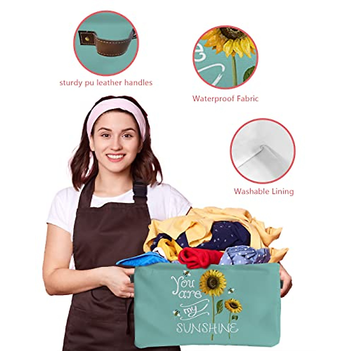 Storage Organizer Bins Set of 1 Storage Baskets for Clothes on Shelves With Handles Summer Farm Sunflower Sunshine Teal Green Rectangular Fabric Laundry Baskets for Organizing