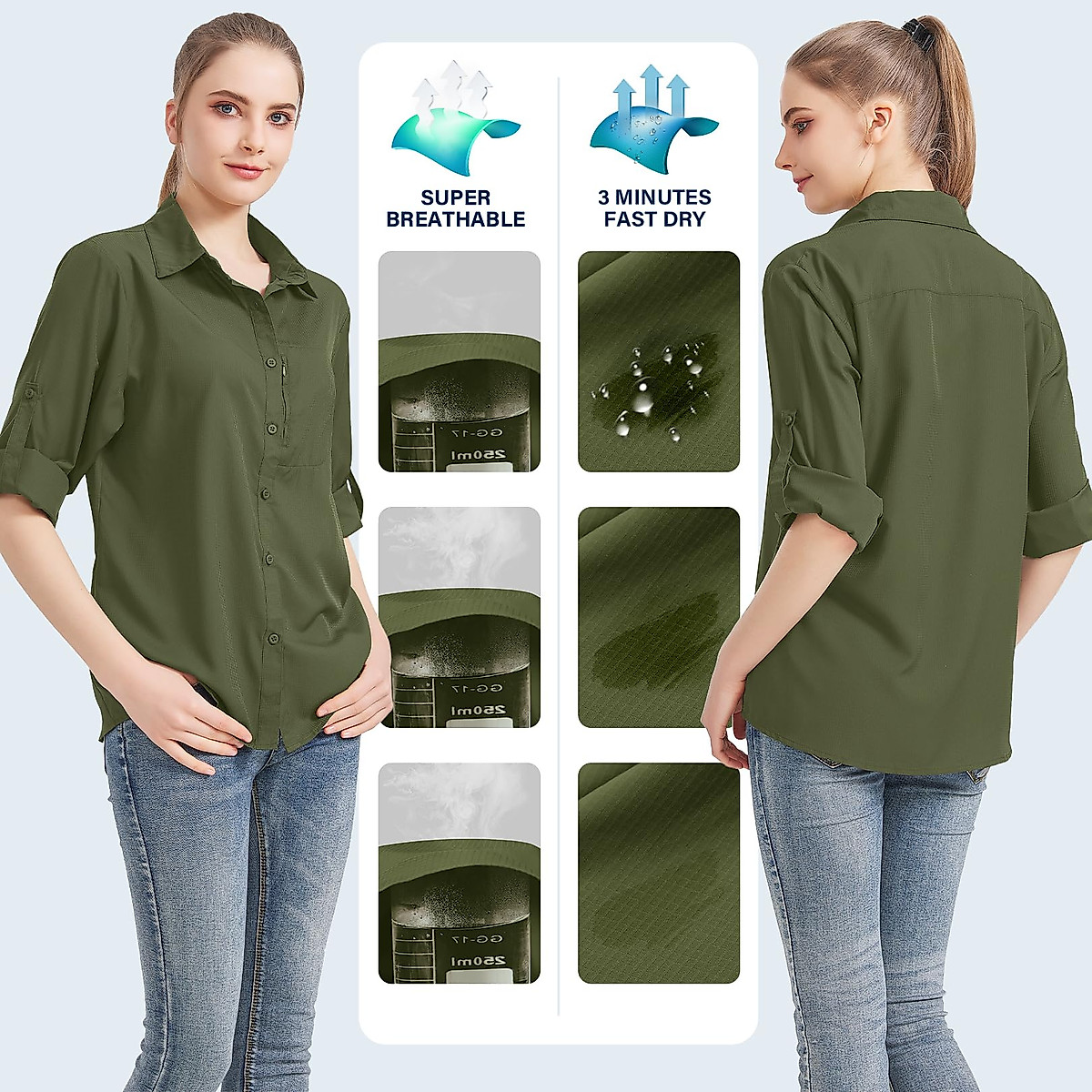 Women's UPF 50 Long Sleeve Sun Protection Shirts Quick Dry Outdoor Fishing Hiking Travel Shirt (5019 Olive green, Small)