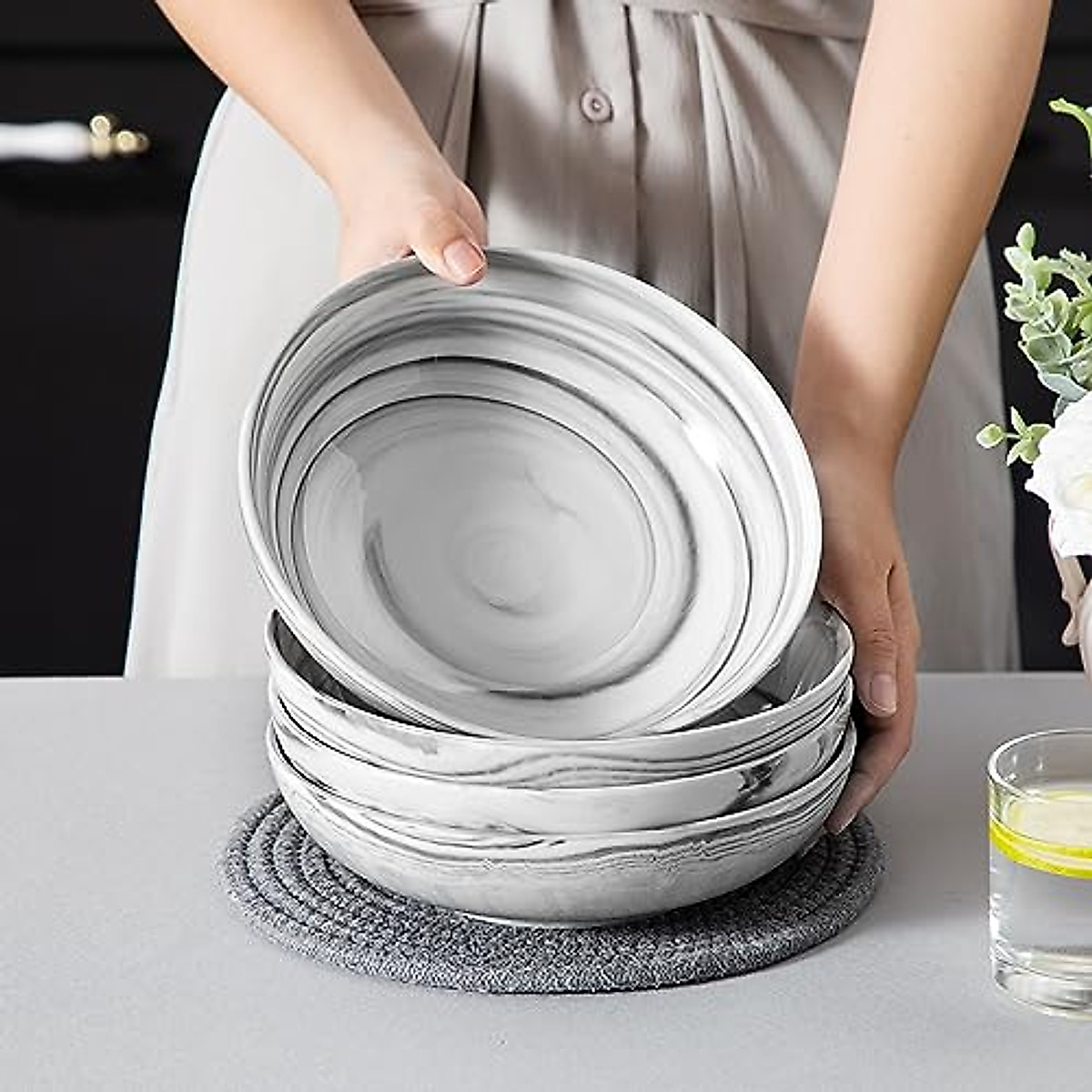 MALACASA Pasta Bowls, 40 OZ Large Salad Serving Bowls Set of 4, Porcelain Pasta Bowls Salad Bowls for Kitchen, Marble Grey Soup Plates Shallow Bowls Set, Microwave & Dishwasher Safe, Series REGULAR