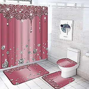 DSMEUE Glitter Diamond 4 Piece Shower Curtain Sets with Rugs，Pink Silver Shiny Drips Falling Bling Women Girl (No Glitter) 70" x 70" Bathroom Curtain and 17.8"x29.5" Bath Mat,Toilet Cover, U-Shaped