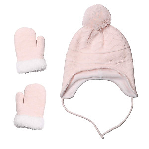 Kids Hats and Gloves Set Girls Toddler Baby Winter Hat Mitten Knit Earflap Beanie Warm Fleece Cap Pink