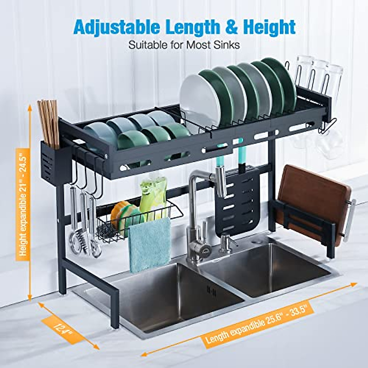 LEPO Over The Sink Dish Drying Rack, 2 Tier Stainless Steel Adjustable Length (25.6-33.5in) & Height(20.5-24.4in) Large Dish Rack Drainer with Utensil Holder for Kitchen Countertop Organizer, Black