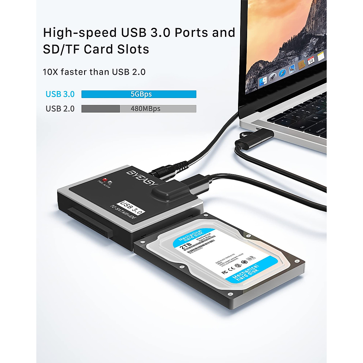 BYEASY SATA/IDE USB 3.0 Adapter, Hard Drive Reader with USB A and USB C for Universal 2.5"/3.5" Inch External HDD/SSD with 12V 2A Adapter, Support 12TB for Windows and Mac OS