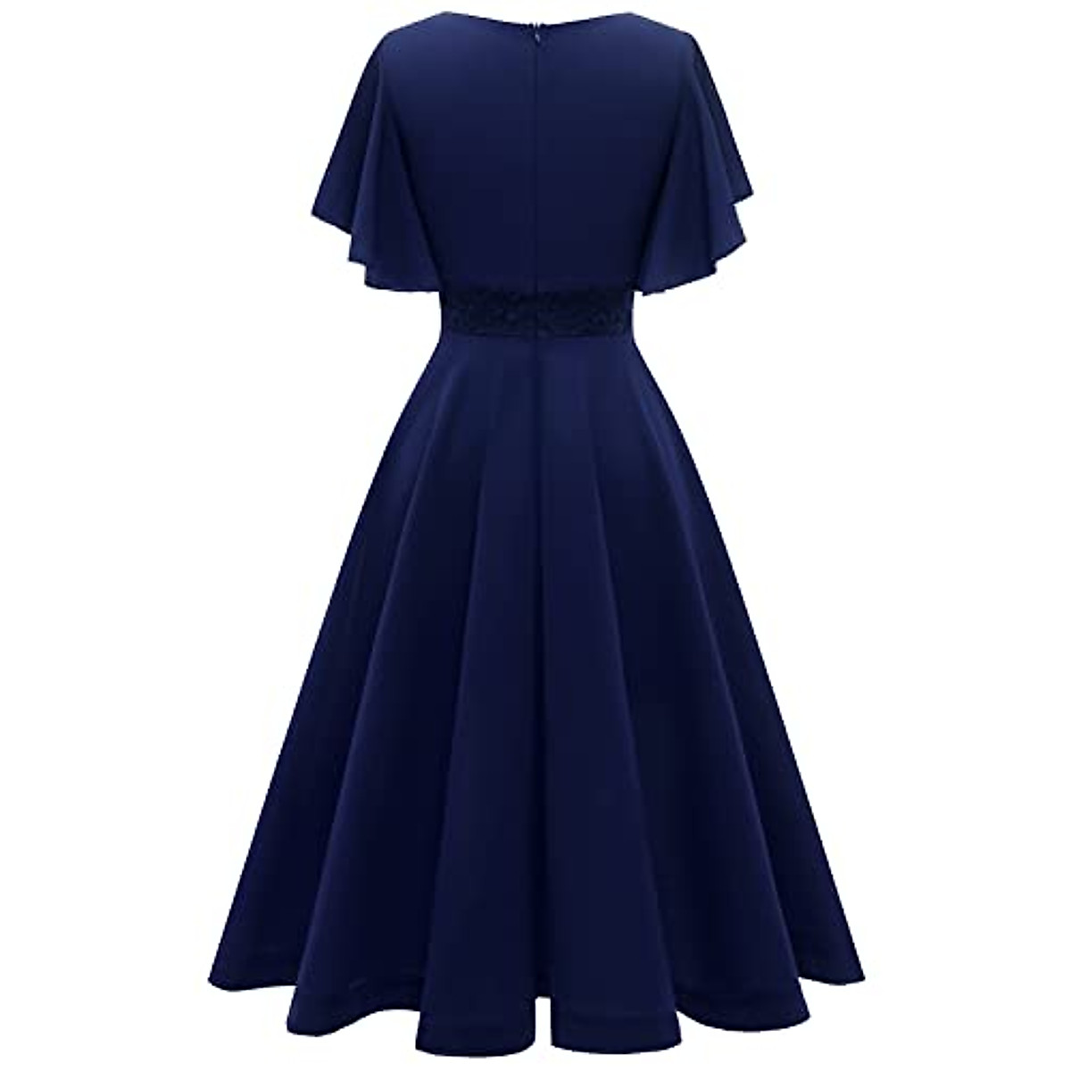 Gardenwed Navy Blue Women's Cocktail Dress Ruffle Short Sleeve A Line Swing Fit and Flare Midi Party Fall Dresses Navy M
