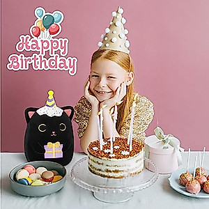 Leokawin Black Cat Plush,8in Birthday Stuffed Animal Cat Plush, Happy Birthday Black Cat Plush Pillow, Soft Cute Cat Plush Birthday Plush for Kids Girls Boys