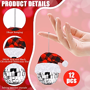 12 Pcs Mini Disco Ball Christmas Ornaments Disco Mirror Ball Tiny Disco Ball Bright Reflective Mirror Christmas Balls for Christmas Disco Party Decoration 1.97'' (Silver,Ball with Plaid Santa Hat)