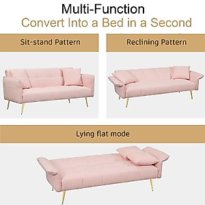 AZSJML Futon Sofa Bed, Teddy Sleeper Sofa Couch, 70" W Modern Tufted Sofa Couch with Adjustable Arms and Backrests for Living Room,Small Spaces,Bedroom,Pink