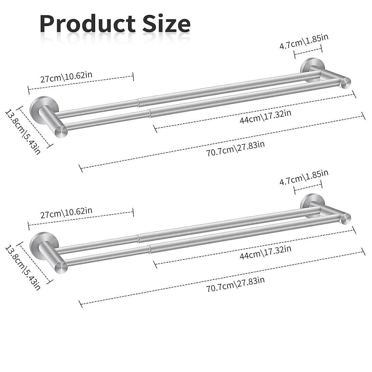 2PCS Double Adjustable Brushed Nickel Towel Bar 17 to 27 Inch, SUS304 Stainless Steel Towel Rack Wall Mounted
