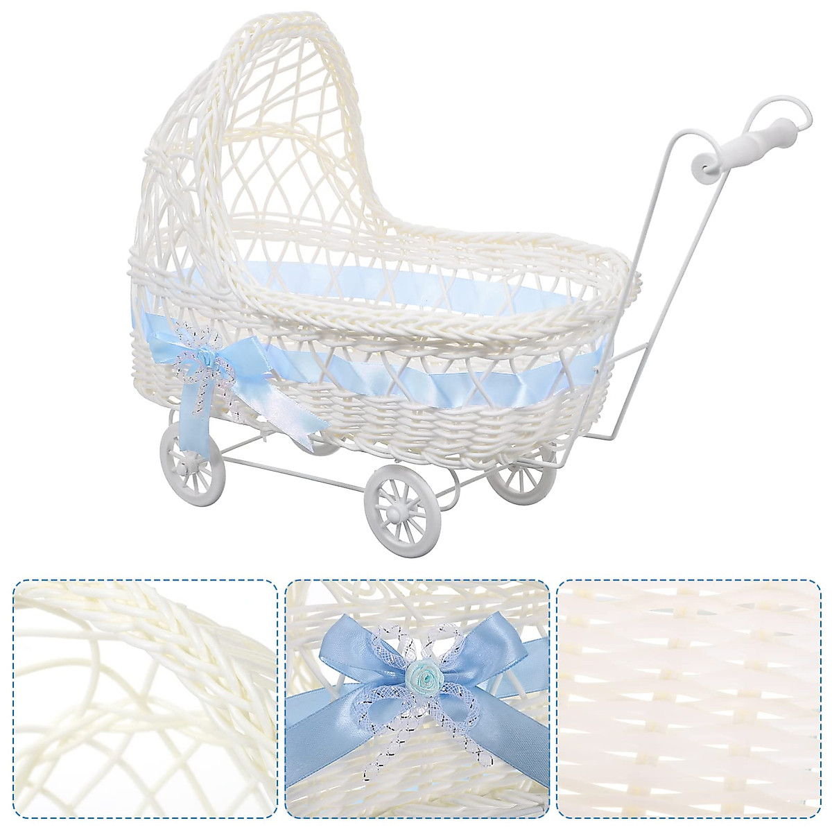 Gadpiparty Rattan Baby Boy Shower Candy Boxes Woven Flower Basket Baby Stroller Shape Wedding Favor Basket Christmas Birthday Treat Box Baptism Basket Boxes Blue