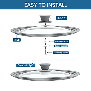 TOPULORS Universal Lid for Pots, Pans, and Skillets - Tempered Glass Lid with Silicone Rim Fits 8", 9", 9.5" Inner Diameter Cookware Frying Pan Cover Replacement Lid - Dishwasher Safe, Grey