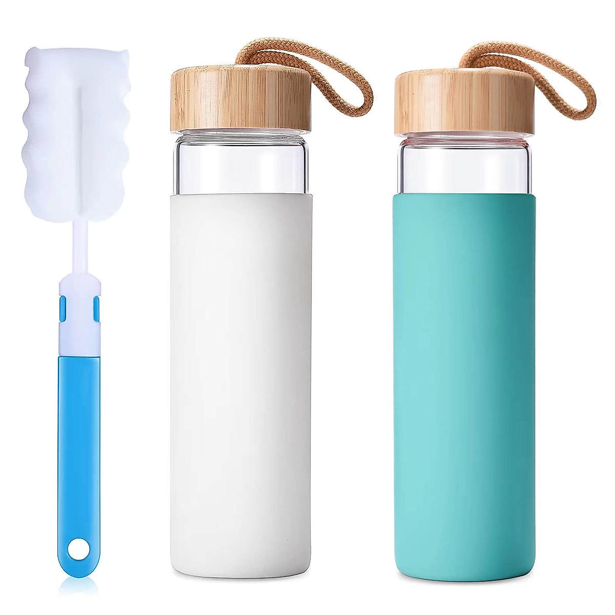 Yomious 20oz Borosilicate Glass Water Bottle with Bamboo Lid and Silicone Sleeve – Reusable BPA Free – Glass Drinking Bottle with Lids - Bundle of 2