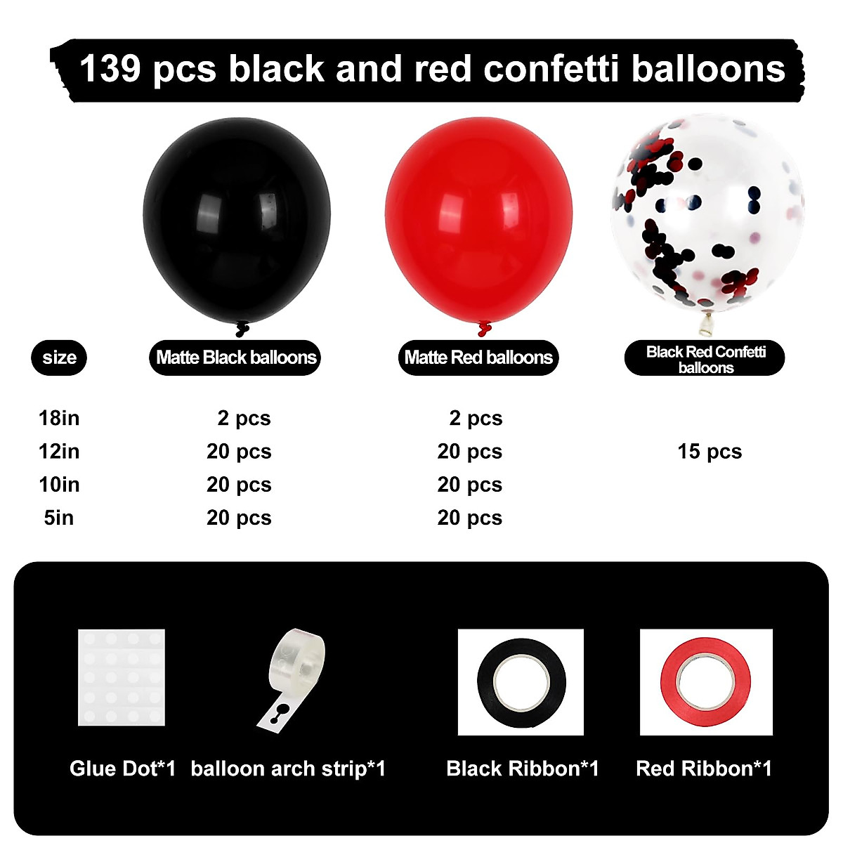 RUBFAC 139pcs Red and Black Balloons Arch Garland Kit, 18/12/10/5 Inch Red Black Balloons and Red Black Confetti Balloons for Birthday Wedding Baby Shower Anniversary Deorations