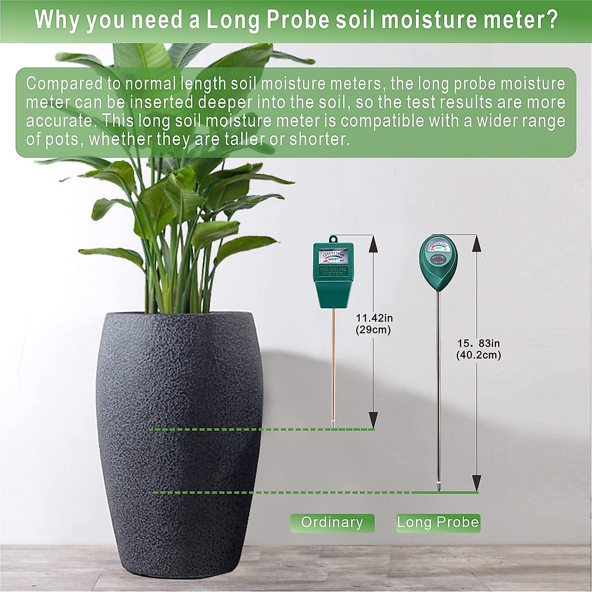 XLUX Long Probe Deep Use Soil Moisture Meter Sensor, Water Monitor Indicator, Hygrometer for Outdoor Indoor Large Pot Plants, Flower, Gardening, Farming, 2 Pack