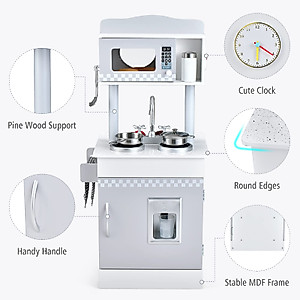 Costzon Kids Kitchen Playset, Double-Sided Wooden Play Kitchen Toy Set w/Realistic Sound, Oven, Ice Cube Dispenser, Utensils, Sink, Large Storage Space, Pretend Chef Cooking Set for Toddlers