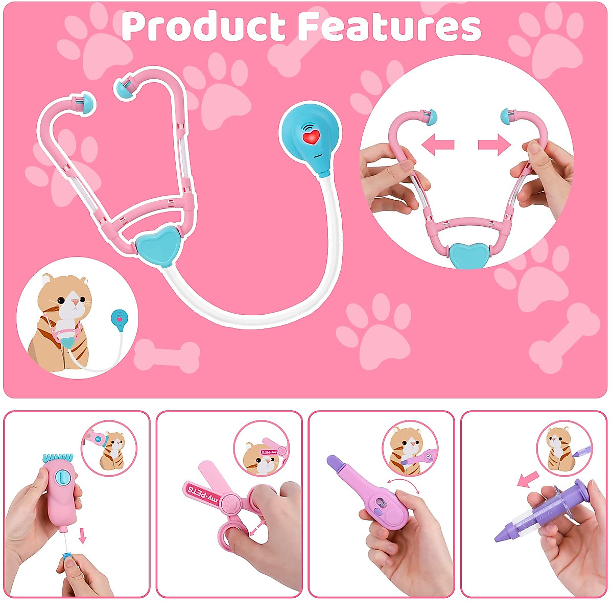 MAGIC4U Pet Cat Care Carrier Suitcase Toy, 29PCS Vet Clinic and Doctor Kit for Kids, Pet Kitty Grooming Feeding Toys, Veterinarian Pretend Play Set, Gifts for Boys and Girls Ages 3-12