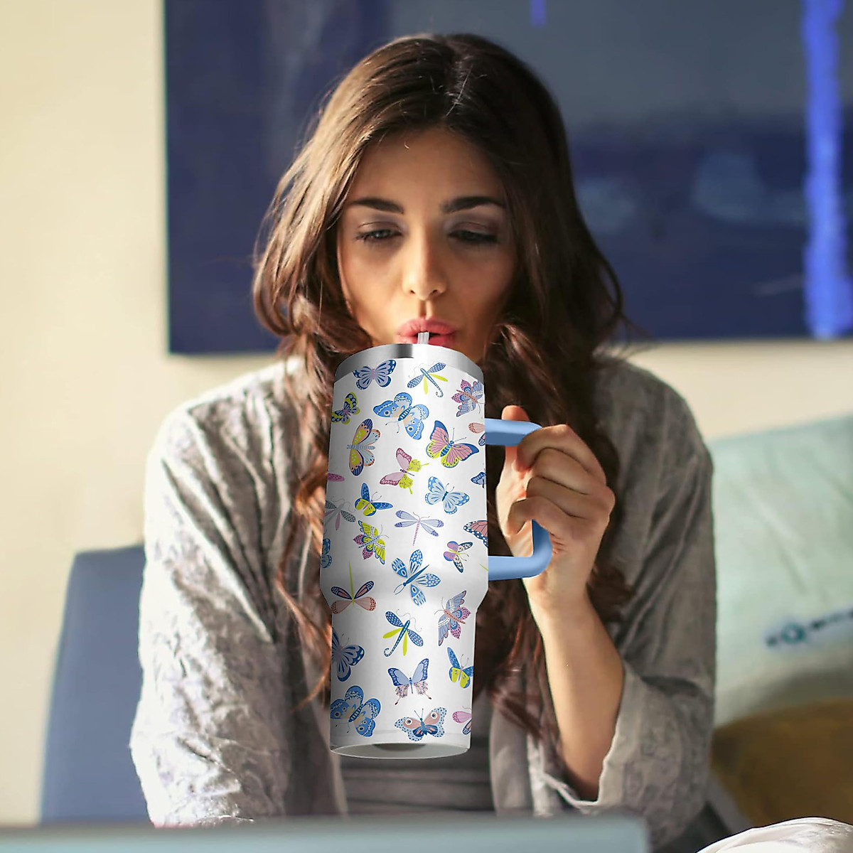 Ksoemar 40 Oz Butterfly Tumbler with Handle and Straw, Double Wall Stainless Steel Cup, Butterfly Tumbler with Lid and Straw, 40 Oz Water Bottle and Mugs for Women Gifts