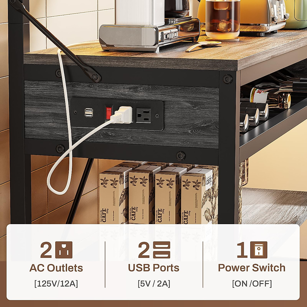 Itaar Bakers Rack with Power Outlet, 6-Tier Coffee Bar, Microwave Stand with Wine Rack, LED Lights and 10 Hooks, Bakers Racks for Kitchens with Storage, Grey