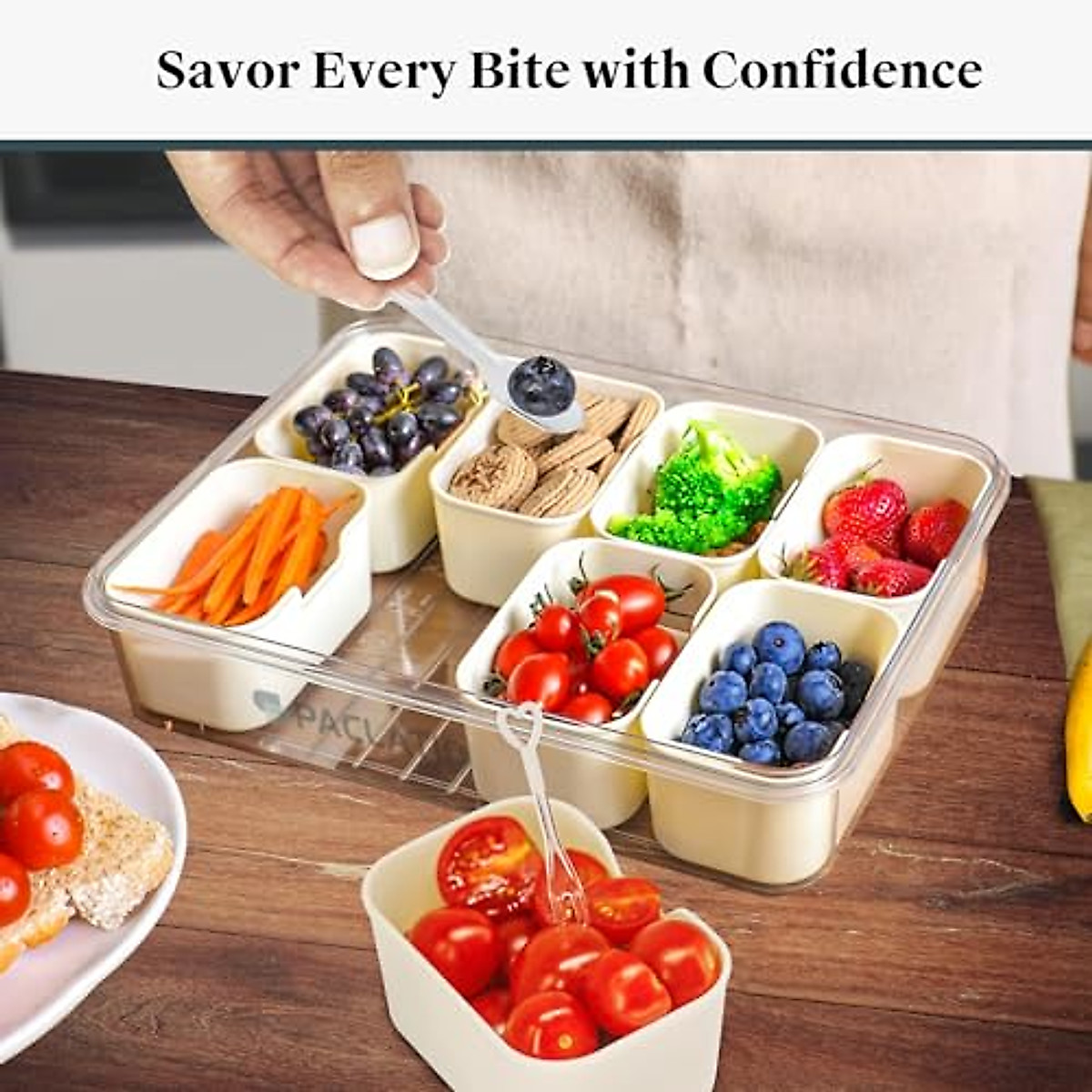 spaclatio Snack Box Container and Divided Serving Tray with Lid and Handle, Dishwasher Safe 8 Removable Compartments Snackle Box Container Multi-purpose as Fruit Tray for Picnic, Beach 1 Pack (White)