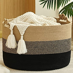 KAKAMAY Large Cotton Rope Blanket Basket (20"x13"),Woven Baby Laundry Hamper，Blanket Basket for Nursery, Laundry, Living Room, Pillows, Toys（Jute/Black）