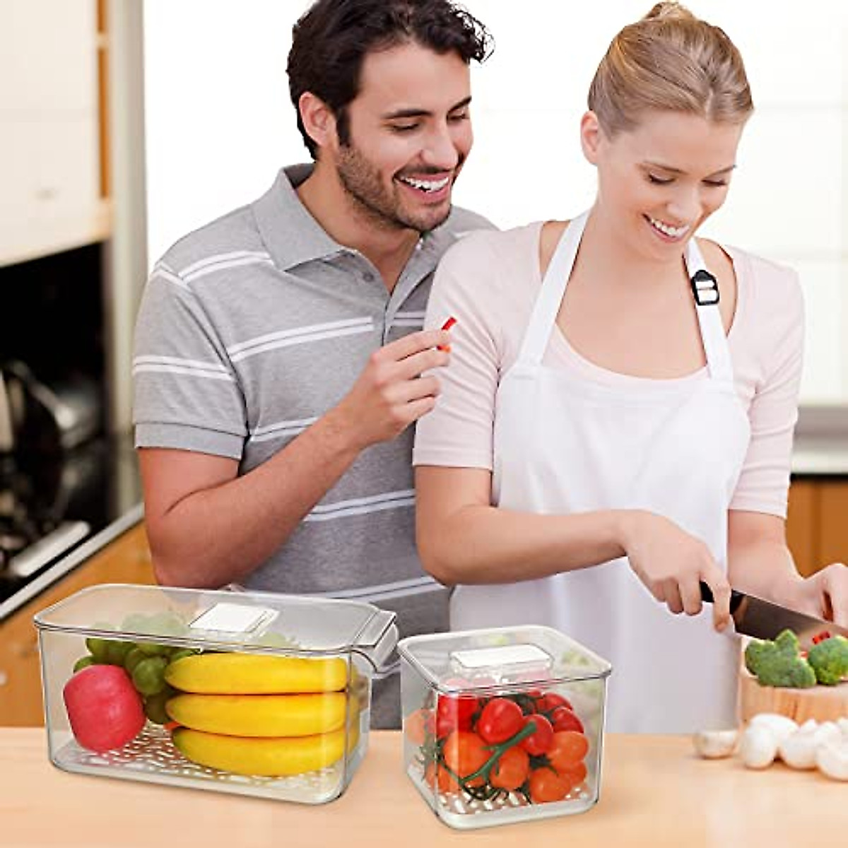 6 Pieces Fruit and Veggie Storage Containers for Fridge with Lids and Removable Drain Tray Produce Saver Food Storage Containers for Refrigerator to Keep Fruits, Vegetables, Meat, Fish Fresh and Dry