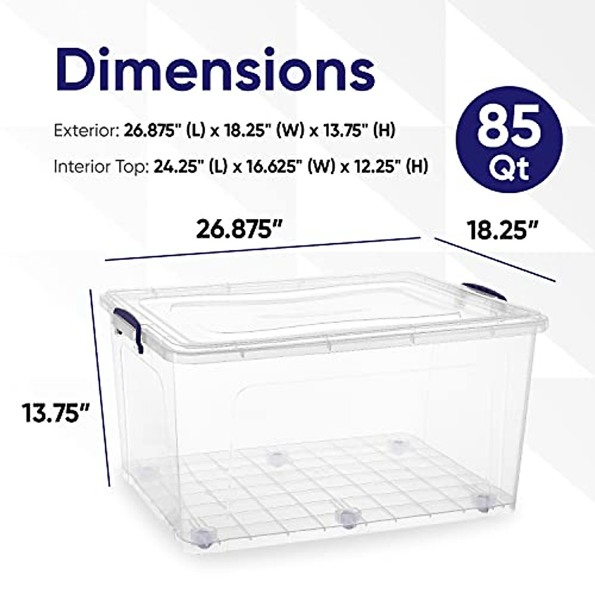 Superio 85 Qt Storage Container with Wheels, Stackable Large Storage Containers with Lid, Durable Latches, Opaque Clear (65)