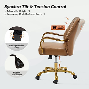 HULALA HOME Camel Leather Office Chair with Gold Legs, Swivel Desk Chair with Padded Seat and Armrests, Adjustable Height Task Chair