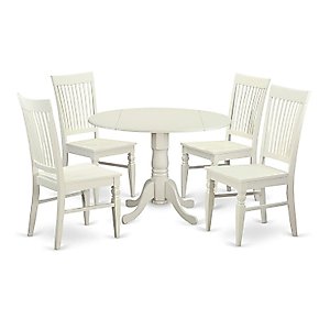 East West Furniture DLWE5-WHI-W 5 Piece Dining Table Set for 4 Includes a Round Kitchen Table with Dropleaf and 4 Dining Room Chairs, 42x42 Inch, Linen White