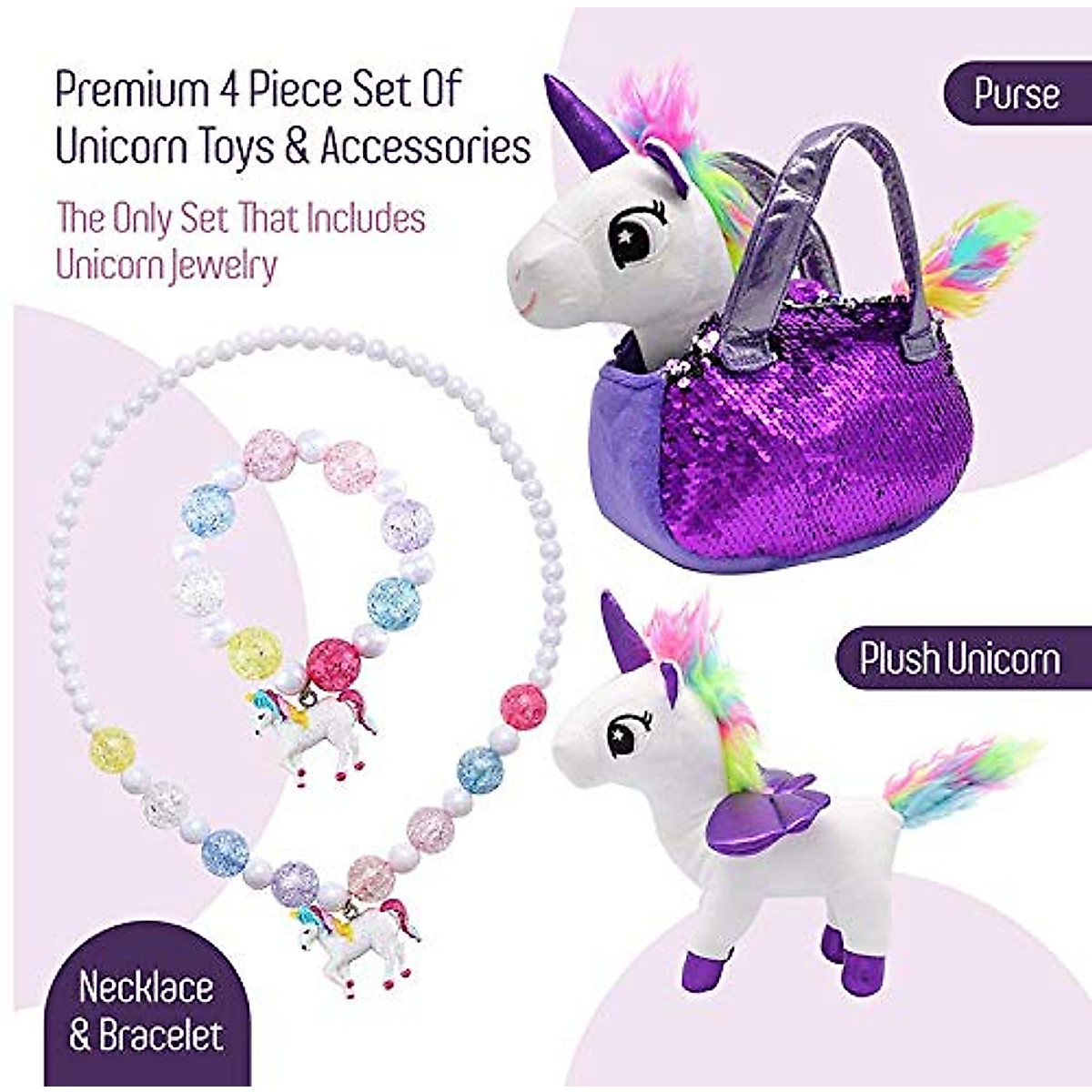 PASSIONFRUIT Unicorn Stuffed Plush Animal Toy Set with Purse Necklace & Bracelet - Plush Unicorns Birthday Gifts for Girls - Unique Rainbow Unicorn Stuffed Pet for Age 3 4 5 6 7 yrs. (Purple)