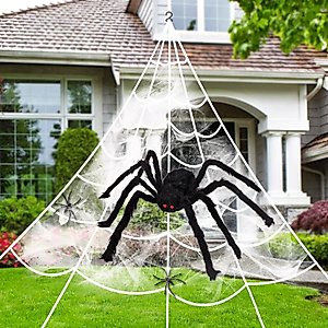 Halloween Decorations Spider Web Triangular Mega Outdoor Graveyard Decor Stretch Cobweb Set Scary Props Shooter with Black Spider