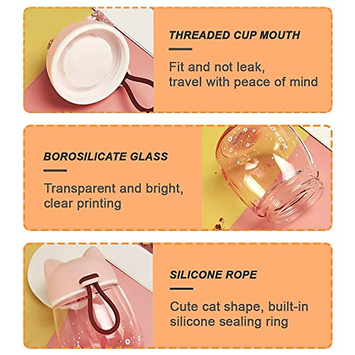 10 OZ Glass Water Bottle with Cat Ears Lid, Silicone Rope Cute Water Bottle, Leakproof Glass Drinking Bottle, Easy to Carry, Reusable (Pink)