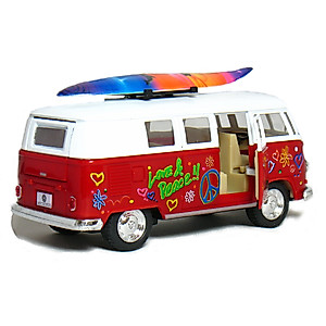 Set of 4 Vehicles: 5" 1962 VW Classic Van Flowers with Surfboard (Red, Green, Maroon and Yellow)
