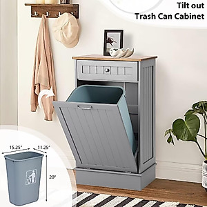 KIGOTY Tilt Out Trash Cabinet,Wooden Kitchen Trash Bin Holder Garbage Bin Recycling Cabinet Laundry Hamper with Solid Wood Countertop and Hideaway Drawer,Gray