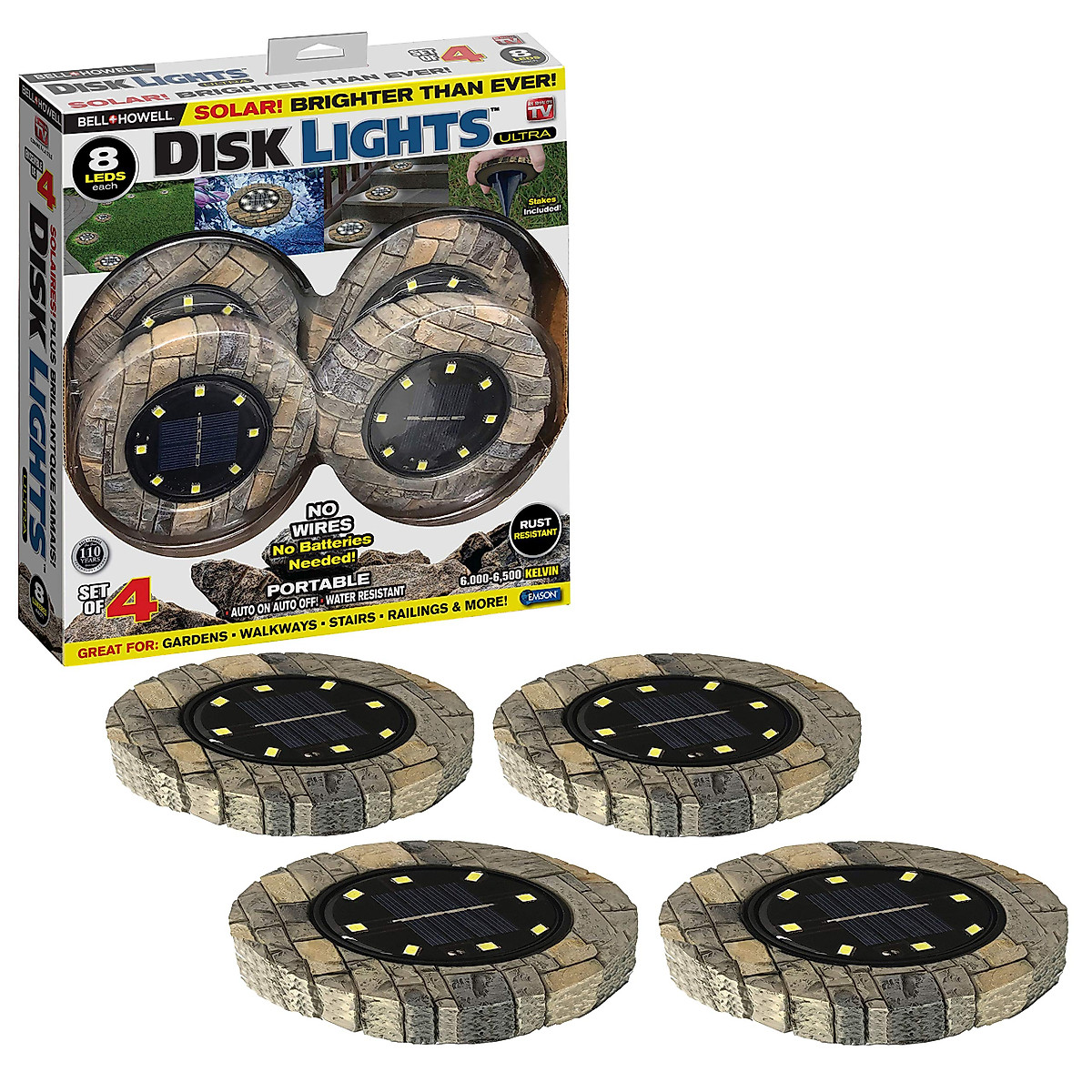 Bell+Howell Disk Lights Stone 8-Bulb Auto On/Off Outdoor Camouflaged LED Lighting As Seen On TV