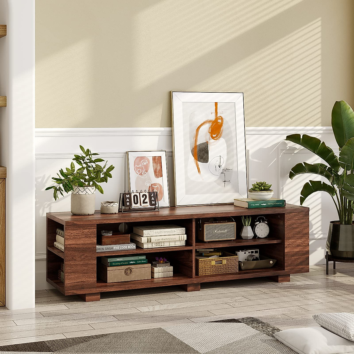 Tangkula Wood TV Stand for TVs up to 65 Inch Flat Screen, Modern Entertainment Center with 8 Open Shelves, Universal TV Storage Cabinet for Living Room Bedroom, TV Console Table (Walnut)