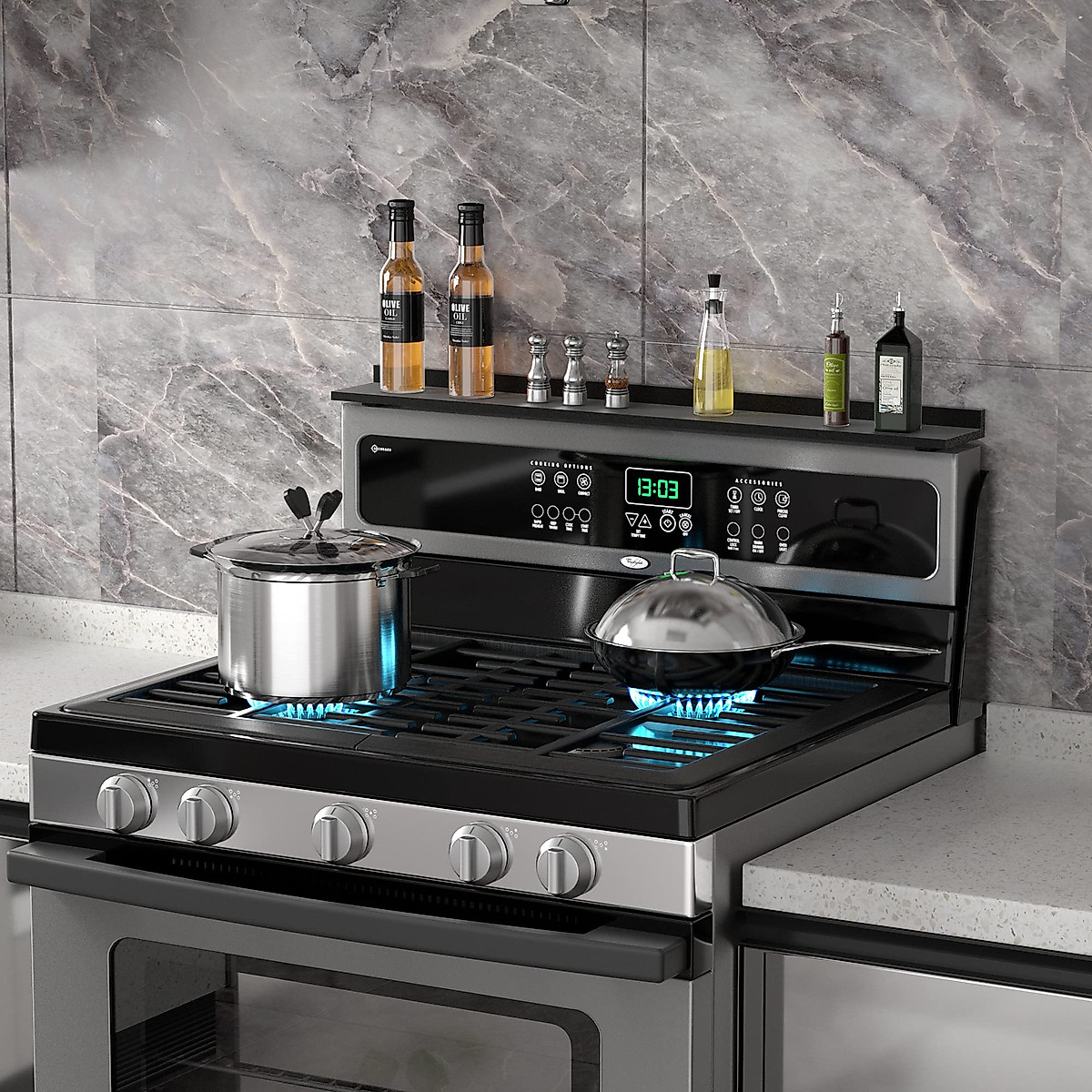 ZGO Oven Shelf for Kitchen Stove, 30" Stove Top Shelf with Reusable Strong Adhesive Tapes, Kitchen Gadgets Bamboo Spice Rack Organizer Spice Shelf Over the Stove (Black)