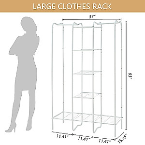 Gewudraw Wardrobe Closet with 4 Metal Shelves, Freestanding Garment Rack, Heavy Duty Clothing Rack For Hanging Clothes, Portable Clothes Rack, Closet Organizer White