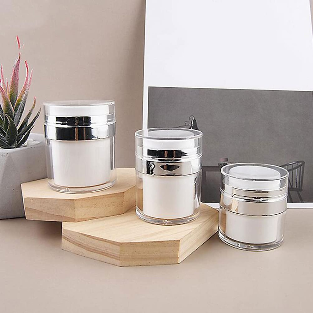 Uonlytech 3pcs Press Cream Jar Refillable Travel Jars Lotion Pump Bottle Airless Pump Jars Lotion Cosmetics Bottle Sunscreen Face Lotion Airless Sub Cream Jars Pp Empty Lotion