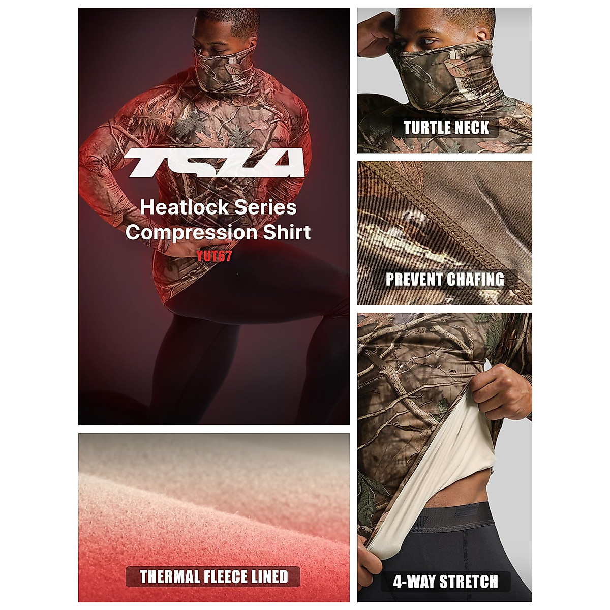 TSLA Men's Thermal Long Sleeve Compression Shirts, Mock/Turtleneck Winter Sports Running Base Layer Top, Heatlock Face Mask Print Hunting Camo, Medium