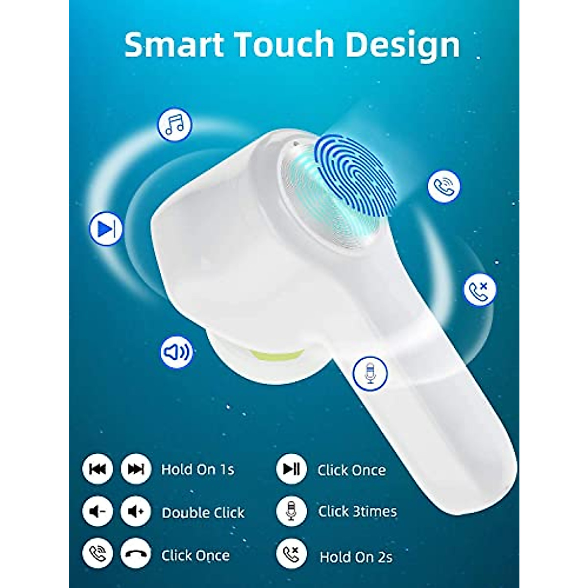 【Pearl white】Wireless Bluetooth Earbuds with 6 Pair Ear Tips, IPX8 Waterproof Touch Earphones Built in Mic, 3D Stereo Sound with Noise Canceling, Fast Type-C Charging Earbuds for iPhone Android