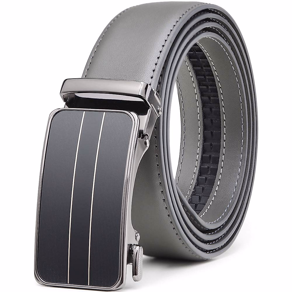 Founders & C Mens Ratchet Dress Belt Leather 1 3/8" with Automatic Click Slide Buckle,Adjustable Trim to Fit(28"-42" Waist Adjustable, Click Belt W Gray Leather)