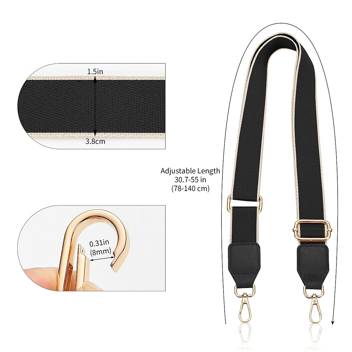 Hamdecro Purse Straps Replacement Crossbody, Universal Wide Shoulder Strap for Bags Adjustable Straps for Handbags, Gold Buckle - Black