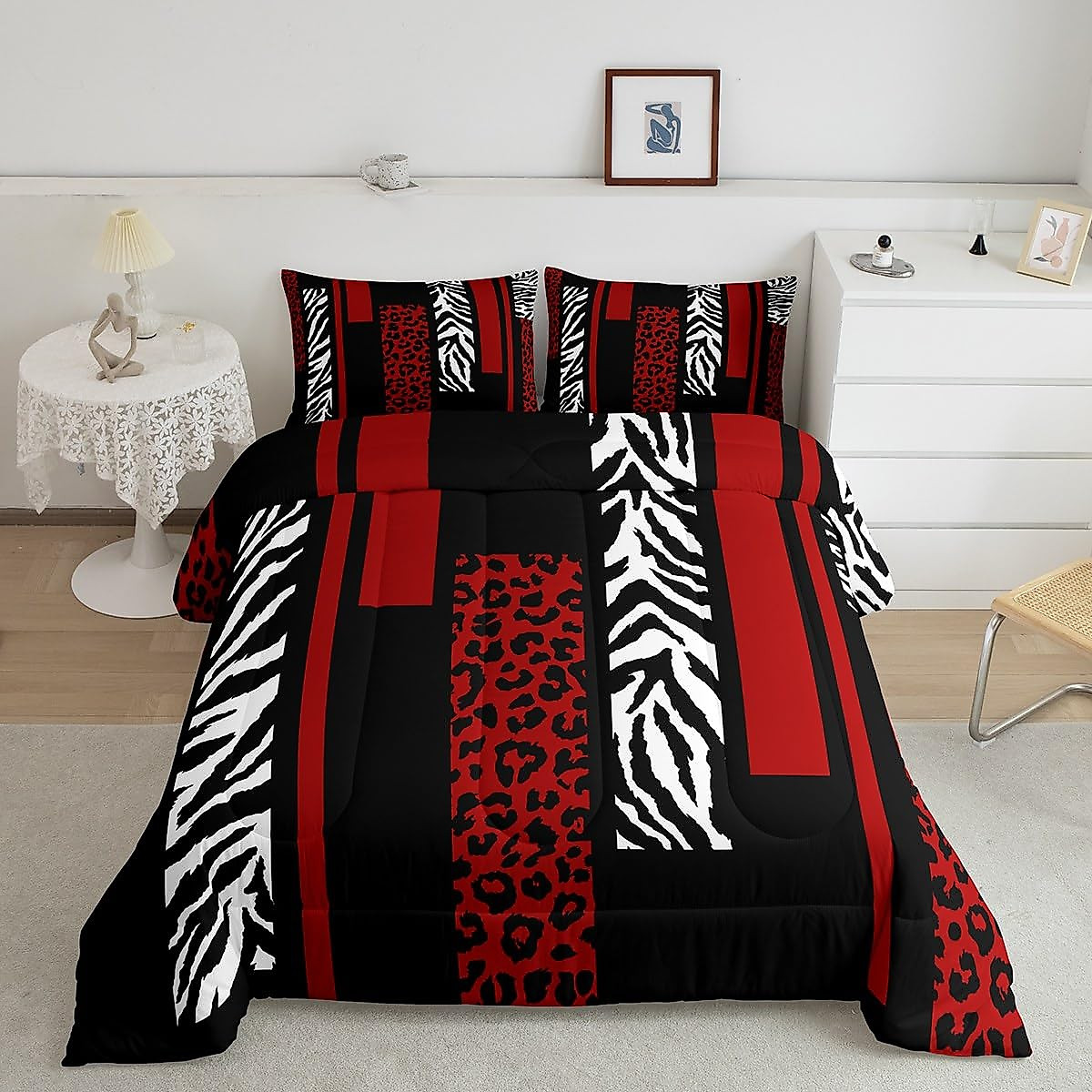 Leopard Print Comforter Set Queen Size,Zebra Skin Stripes Rustic Farmhouse Bedding Set,Girls Women Room Decor,Geometric Square Patchwork Down Comforter,Red Black Fashion Duvet Insert,2 Pillowcases