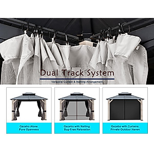 Hofzelt 10' x 12' Hardtop Gazebo, Heavy-Duty Aluminum Frame with Iron Roof, Featuring White Wood Grain Heat Transfer Pillars, Inclusive of Mosquito Netting and Privacy Sidewalls