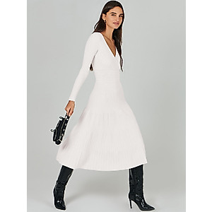 ANRABESS Womens Wrap Midi Sweater Dresses Long Sleeve V Neck Bodycon High Waist Ribbed Knit Pleated A-Line Dress 2024 Trendy X-Large White