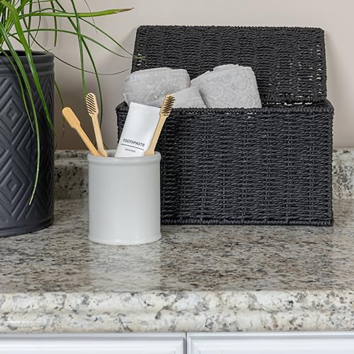 Household Essentials Small Handwoven Paper Rope Wicker Basket with Lid, Black