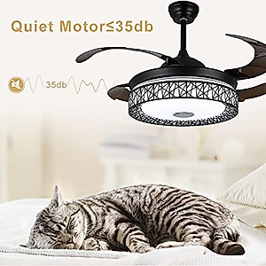 MoreChange 42” Retractable Ceiling Fans with Lights and Remote Control, Invisible Modern Chandelier Fan Lighting with Bluetooth Speaker Play Music 7 Colorful Dimmable Fixture for Bedroom/Living Room