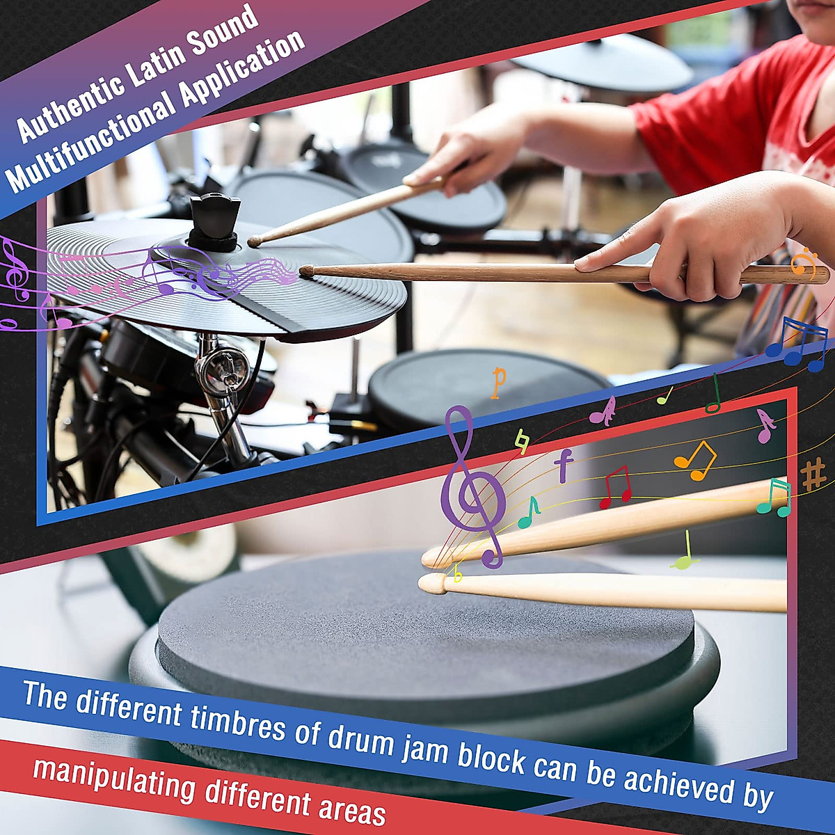 6 Pieces Drum Jam Block Musical Percussion Block with Maple Drum Sticks 5A Adjustable Mount Bracket Plastic Percussion Instruments Block for Latin Drum