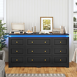 AOGLLATI Long Dresser for Bedroom, 55” Black 9 Drawer Dresser with Led Lights, Modern Large Wood Chest of Drawers, Led Wide Bedroom Dresser with Top Floating Design for Bedroom Hallway,Black
