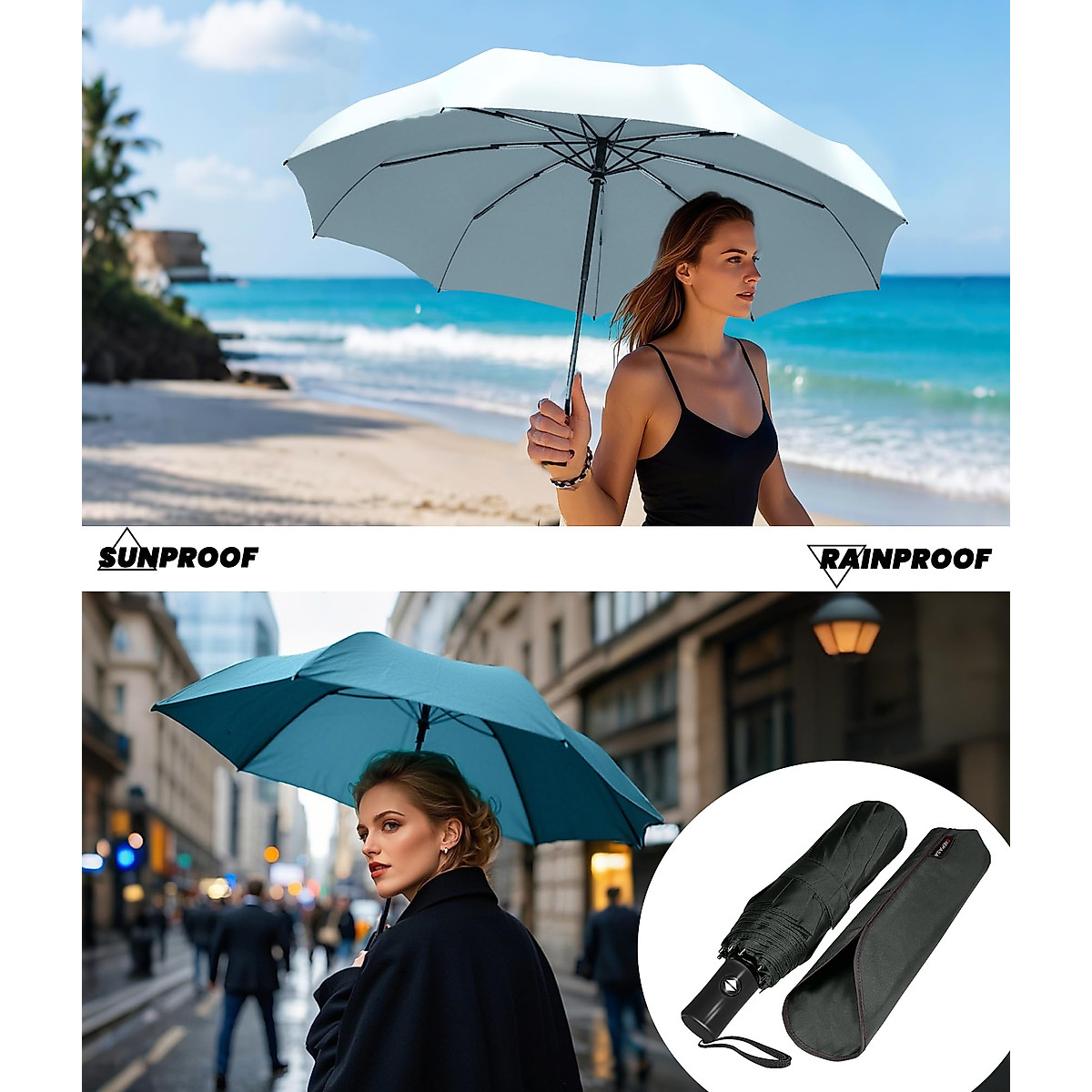 SIEPASA Two Packs Auto Open & Close Small Travel Umbrella Compact for Backpack-Umbrellas for Rain, Windproof Lightweight Strong Mini Portable Umbrellas for Men and Women.(Black, 2 Pack)