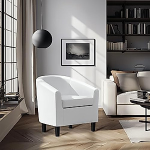 Topeakmart White Leather Chair, Modern and Comfy Faux Leather Accent Chair, Upholstered Barrel Chair Club Chair with Wooden Legs for Living Room Bedroom Waiting Room, Set of 2, White